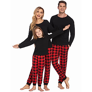 Ekouaer Family Matching Pajamas Christmas Sleepwear Long Sleeve Sleep Shirt with Plaid Pants Soft Loungewear Pjs Set Black,Small