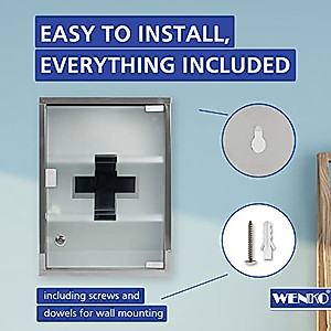 WENKO Medicine Cabinet with Lock, Wall mounted Bathroom Storage, Hanging Medical Cabinet, First Aid Wall Cabinet with Safety Glass Door, Modern, Medium, 11.8 x 15.7 x 4.7 in, Silver Shiny