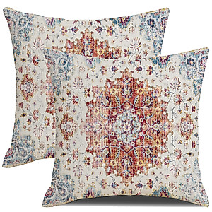 SHAPTOY Boho Throw Pillows Cover 18x18 Inch Orange Blue Teal Ethnic Carpet Pillow Covers Set of 2 Farmhouse Fall Coral Floral Linen Decorative Pillow Cases for Outdoor Living Room Couch Sofa Decor