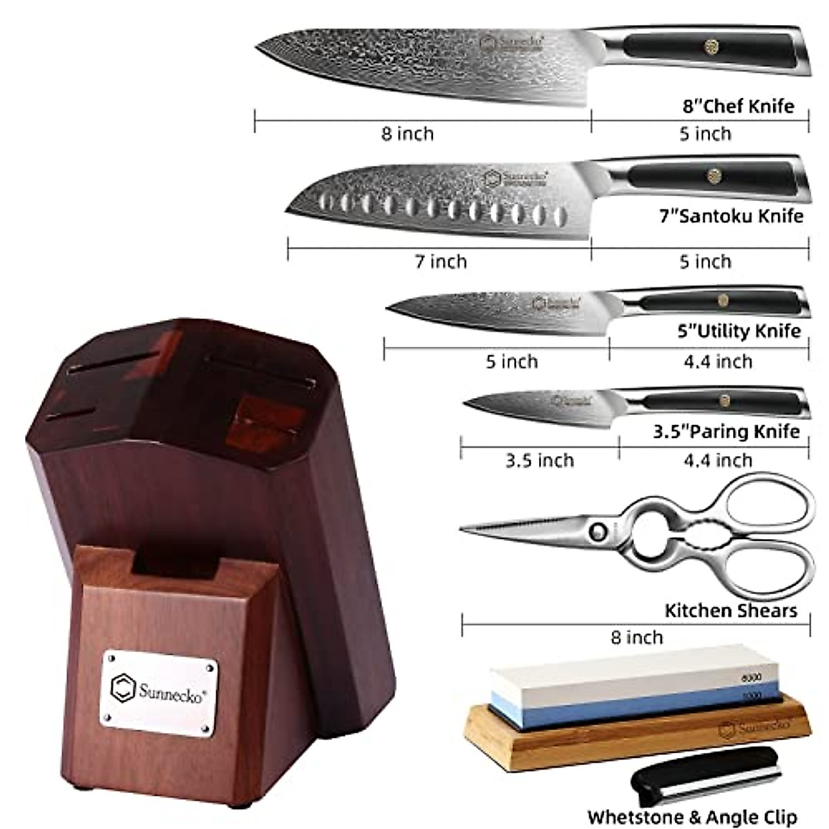 Sunnecko Knife Sets for Kitchen with Block,7 PCS Damascus Kitchen Knife Set,67-Layer Japanese VG10 High Carbon Stainless Steel Blade,Full Tang Forged,Ergonomic Handle,Whetstone&Scissors Include