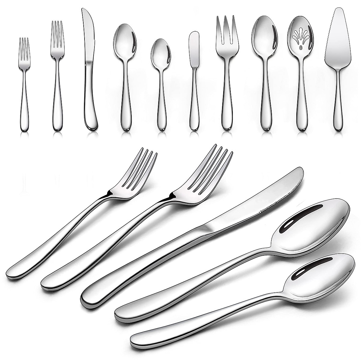 LIANYU 45-Piece Heavy Duty Silverware Set with Serving Utensils, Stainless Steel Flatware Set for 8, Thick Cutlery Eating Utensils Include Fork Knife Spoon, Mirror Finished, Dishwasher Safe