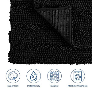 Yastouay 2 Pieces Bathroom Rugs Machine Washable Bath Mat Non Slip Bath Rugs Thick Shaggy Chenille Bath Mats for Bathroom, Shower, Door Mat(17" x 24" / 20" x 32", Black)