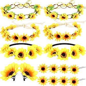 Fiada 16 Pieces Sunflower Headbands set Including 6 Pieces Sunflower Crown, 2 Pieces Sunflower Hair Clips, 8 Pieces Sunflower Hairpins for Women and Girls Wedding Hair Accessories