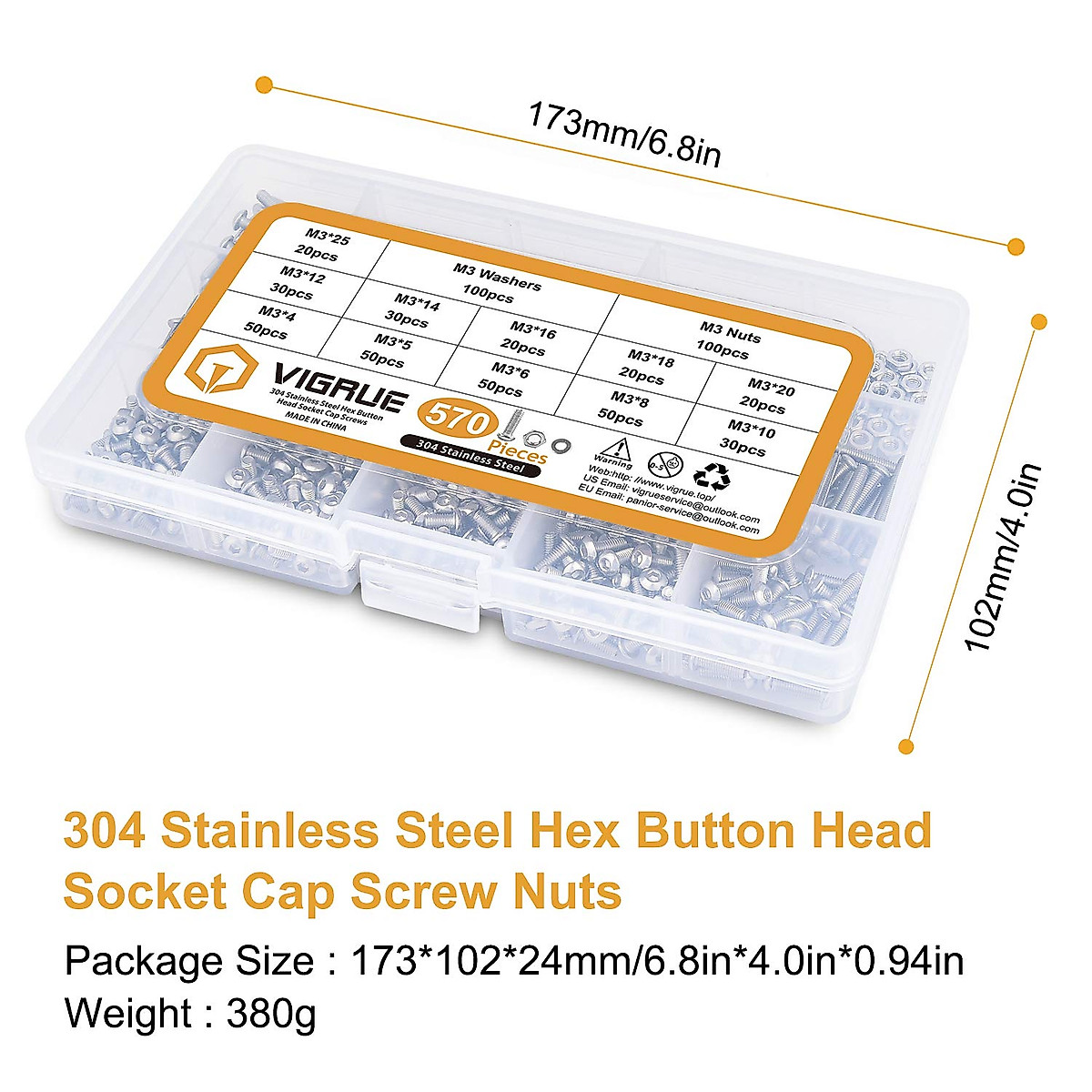 VIGRUE 570PCS Stainless Steel M3 Button Head Hex Socket Cap Screw Bolts, M3 x 4/5/6/8/10/12/14/16/18/20/25mm Screw and Nuts Flat Washer Assortment Kit, Fully Machine Thread