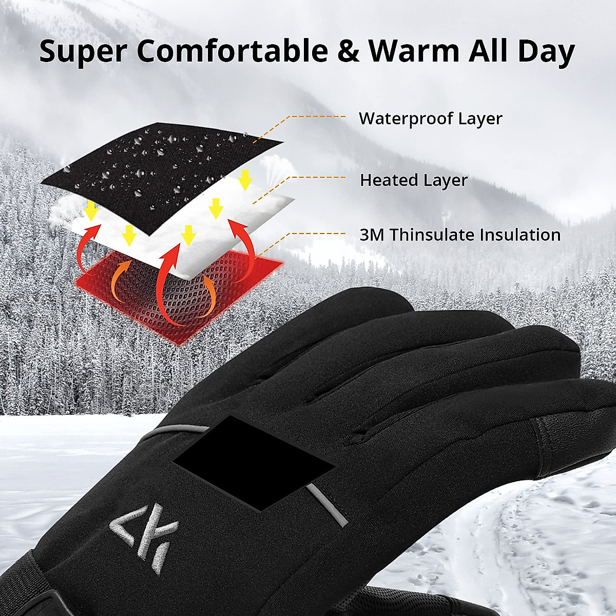 AKASO Heated Gloves for Men Women, Electric Heated Ski Gloves with 3 Heating Modes, Thermal Insulation Winter Hand Warmers with Rechargeable Battery-Overheating Protection- Best Gift, Black(L)