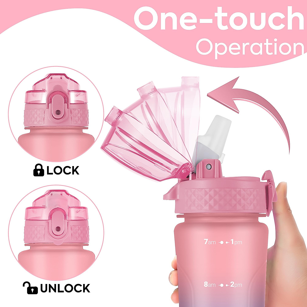 OLDLEY Kids Water Bottle with Straw 15 oz BPA-Free Leak-Proof Motivational Water Bottles with Time Marker for School Sports Travel Gym, Easy to Use for Girls Goys, 1 Straw Lid, Candy Pink/Blueberry