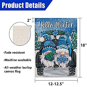 Covido Home Decorative Hello Winter Blue Gnome Garden Flag, Black Truck Yard Outside Decorations, Pickup Outdoor Small Decor Double Sided 12x18