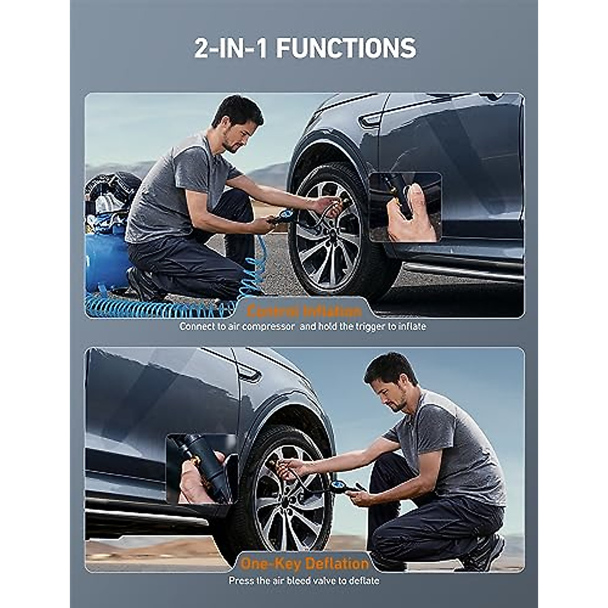 AstroAI Digital Tire Pressure Gauge with Inflator(3-250 PSI for 0.1 Display Resolution), Heavy Duty Air Chuck and Compressor Accessories with Rubber Hose and Quick Connect Coupler Car Accessories.