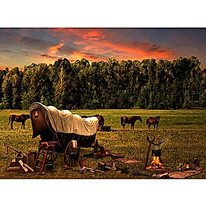 32.25" X 44" Panel Covered Wagon Horses Western Sun Up to Sun Down Multicolor Cotton Fabric Panel (D374.46).