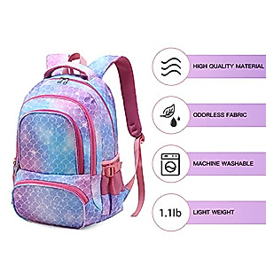 BLUEFAIRY Mermaid Backpack for Girls Elementary School Bags for Kids Primary School Cute Book Bags Fish Scale Child Gifts Presents Travel Mochila Sirenpara Niñas Lightweight 17 Inch (Rose)