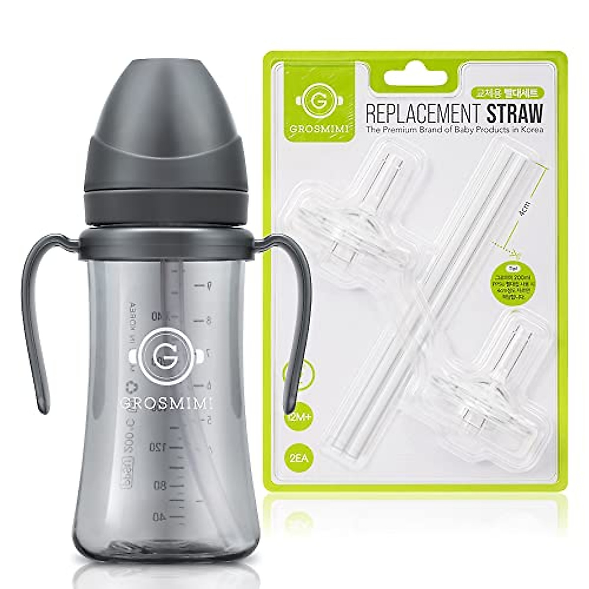 GROSMIMI PPSU Spill Proof Magic Sippy Cup 10 oz (Charcoal) + Replacements (Straw kit 2-counts, Stage 2)