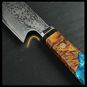 Seido Knives Kiritsuke Damascus Steel Chef Knife Epoxy Resin Stabilized Wood Handle Professional Kitchen Knife VG10 High Carbon Stainless Steel, Sky Blue