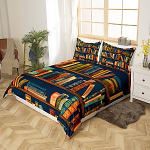 Erosebridal Bookshelf Comforter Cover for Teens, Library Bedding Set Retro Wooden Bookshelf Duvet Cover Full for Kids Boys Adult Bedroom, Academic Educational Theme Quilt Cover, Dark Blue Brown