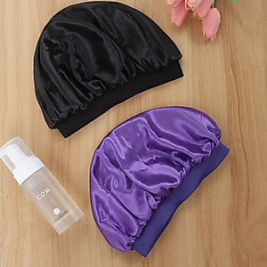 DuoZan 2 Pack Kids Satin Bonnets Night Sleeping Cap Wide Band Shower Cap Bath Hats for Baby Children Toddler (Black+Purple)…