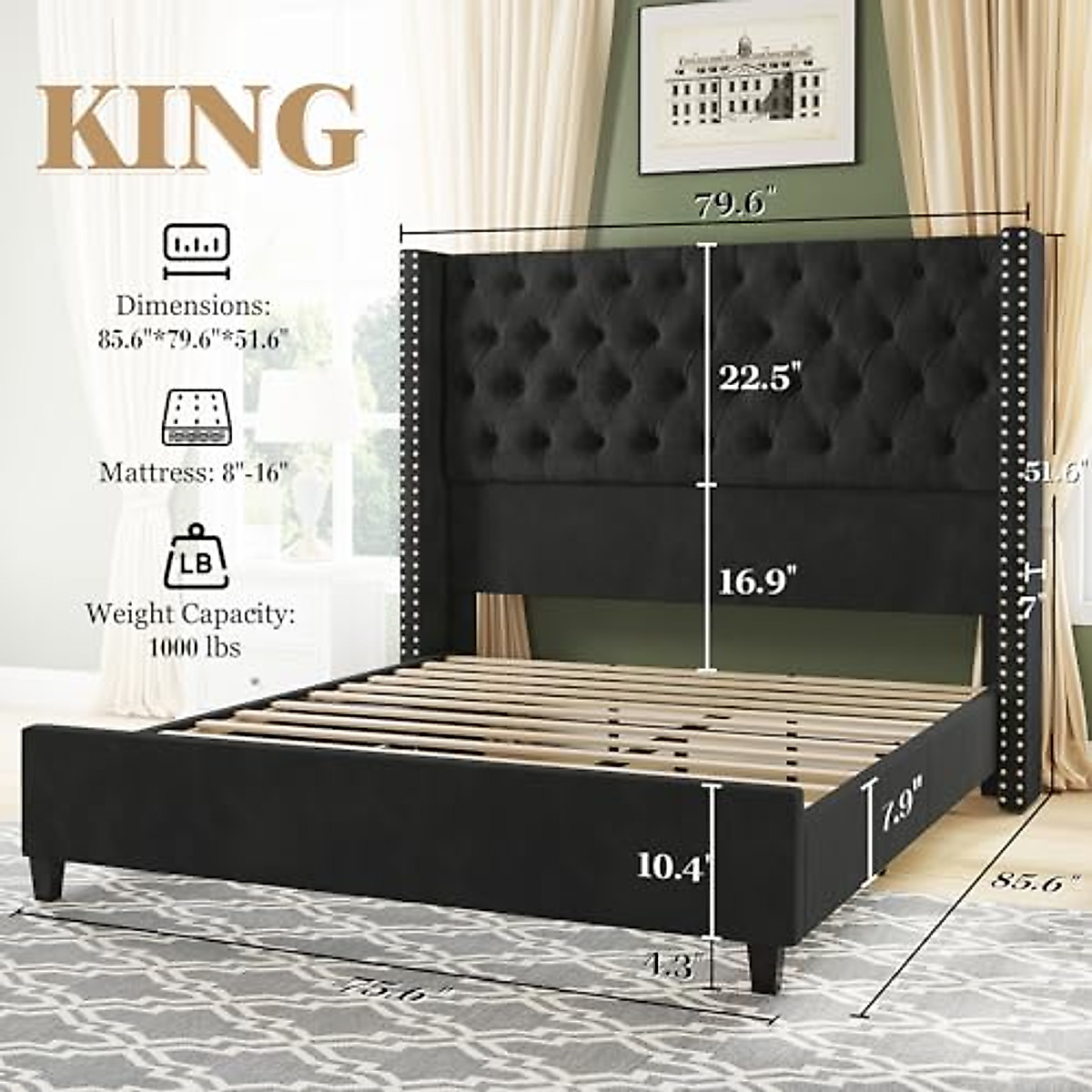 Jocisland King Upholstered Bed Frame with Tall Headboard Wingback Platform Bed Tufted Deep Button Velvet/No Box Spring Needed/Easy Assembly/Black