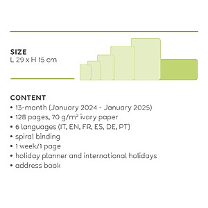 Legami - Desk Planning, 13 Months, from January 2024 to January 2025, Spiral Binding, One Week by Page, Holiday Plan, International Parties, Address Book, 29x15 cm, Malachite green