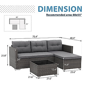 JOIVI Outdoor Patio Furniture Sets, All Weather Outdoor Sectional Patio Sofa, Wicker Rattan Outdoor Couch Patio Set with Cushions, Tempered Glass Table, 3-Piece Outdoor Seating Sofas, Gray