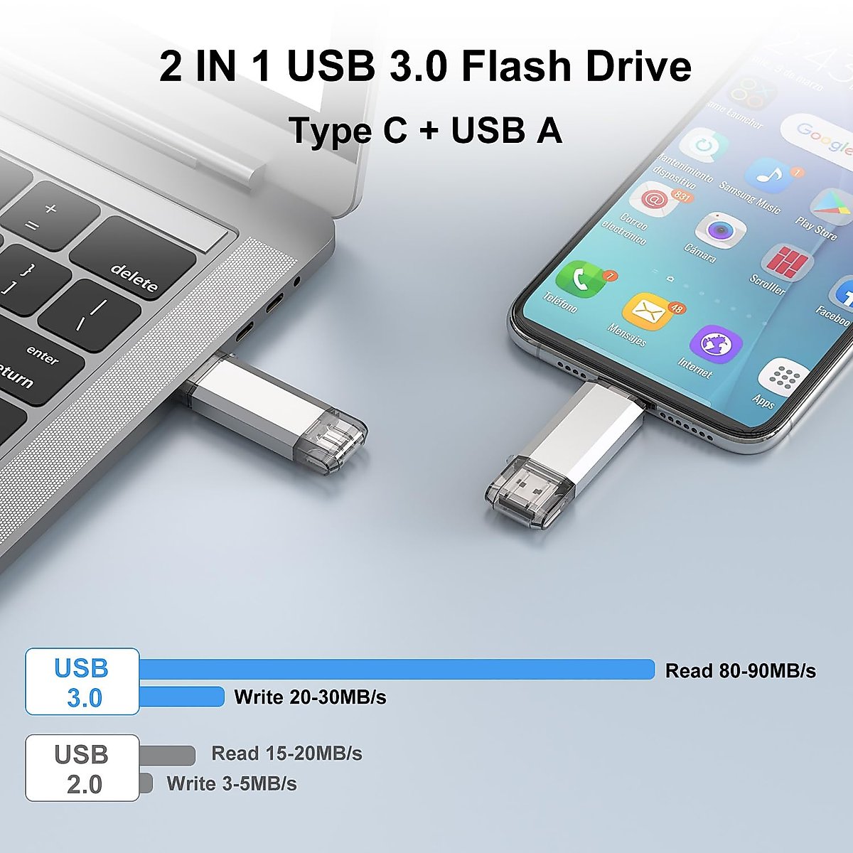 RAOYI 128GB USB C Flash Drive, 2 in 1 USB 3.0 Type C Dual OTG Metal Thumb Drive Jump Drive Memory Stick with Keychain Suitable for USB-C Smartphones, MacBook, Computers and Tablets (Silver)