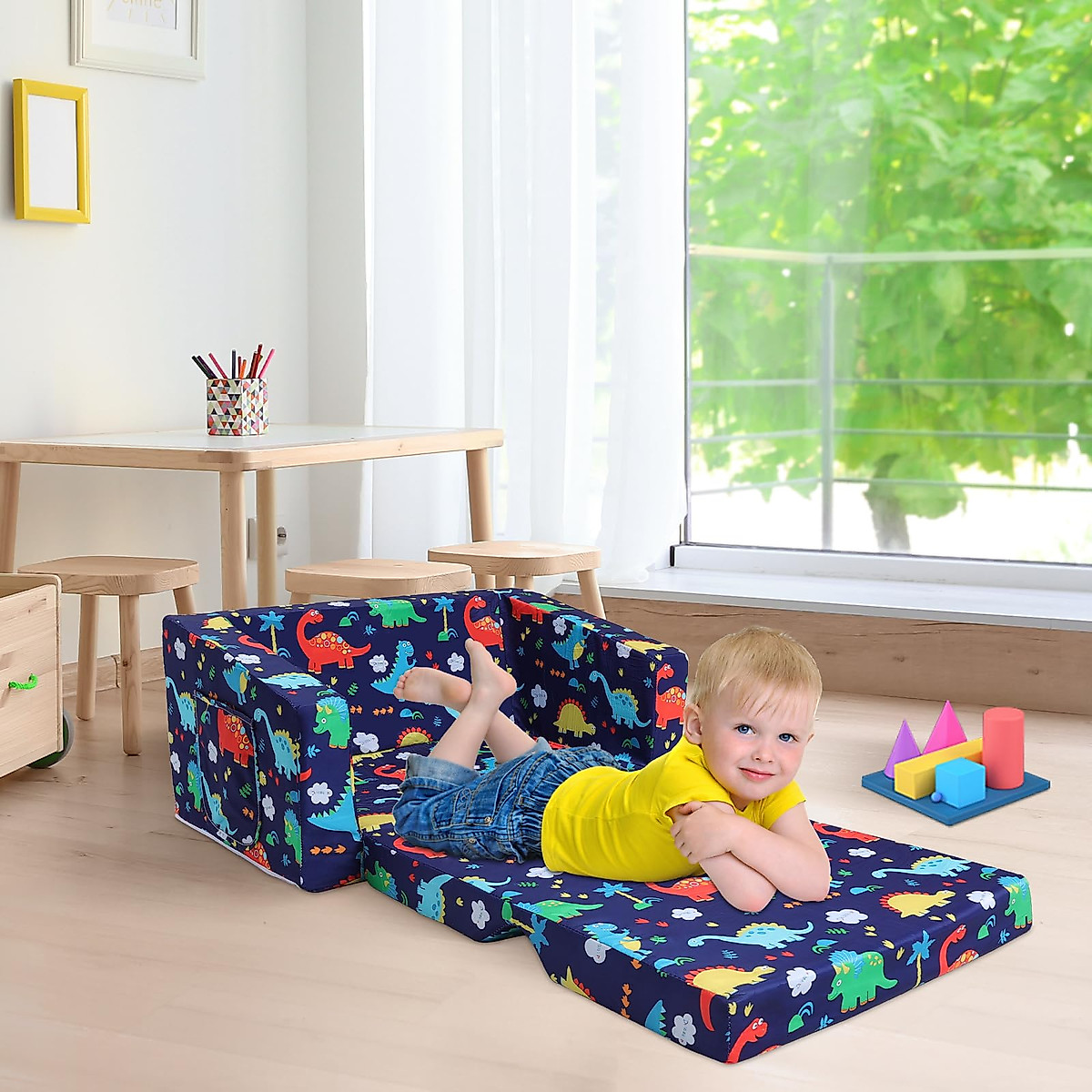 decalsweet Kids Couch Convertible Sofa to Lounger for Toddler Boy, Foldable 2-in-1 Kids Sofa Bed, Toddler Chairs Comfy for Bedroom Playroom, Blue Dinosaur