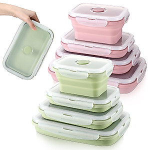 Soaoo Set of 8 Collapsible Silicone Food Storage Containers 12 oz 17 oz 27 oz 41 oz Stackable Collapsible Bowls with Airtight Lid Silicone Lunch Box Set, Oven Microwave Freezer Dishwasher Safe