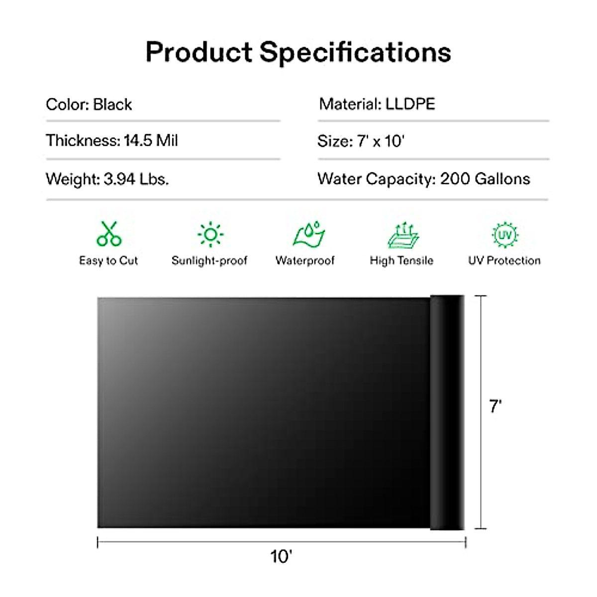 VIVOSUN 7 x 10 Feet Pond Liner, 14.5 Mil Durable LLDPE Pond Skins for Waterfall, Pond and Fish Ponds, Black