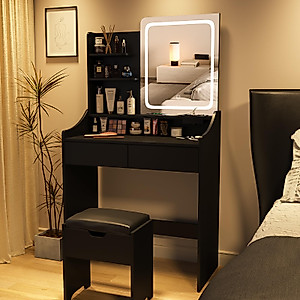 Vabches Vanity Desk with LED Light Mirror and Charging Station, Small Cute Vanity Set with 4 Storage Shelves 2 Drawers, Vanity for Girls Women with Storage Stool, Vanity Table for Bedroom (Black)