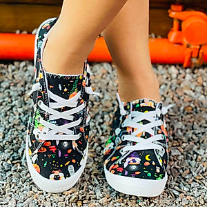 Halloween Shoes for Women Halloween Sneakers Pumpkin Shoes for Women Skeleton Shoes Casual Fashion Skull Head Print Lace Up Low Top Loafers Comfortable Walking Shoes