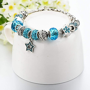 Capital Charms Sky Blue Star Silver Plated Charm Bracelet Set, Jewelry Gifts with Beads, Charms, and Adjustable Snake Chain, Fits 7.5"+1.5" (SkyBlue Star)
