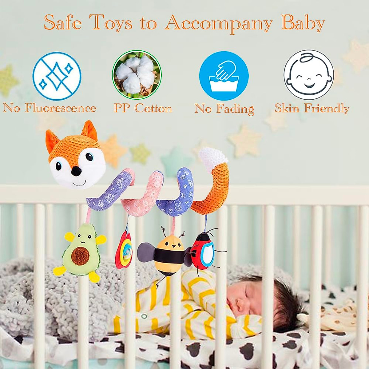 ORZIZRO Car Seat Toys, Baby Plush Spiral Hanging Toys for Stroller Crib Bar Bassinet Car Seat Mobile with Music Box BB Squeaker Rattles- Orange Fox
