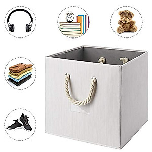 i BKGOO Foldable Storage Cube Bins Beige-White Bamboo Fabric Collapsible Resistant Basket Box Organizer with Cotton Rope Handle for Home Office and Nursery 13x13x13 inch