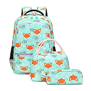 Backpacks for Girls Fox School Bags Kids Elementary Bookbag with Lunch Box and Pencil Case for Age 3+ (Green Fox)
