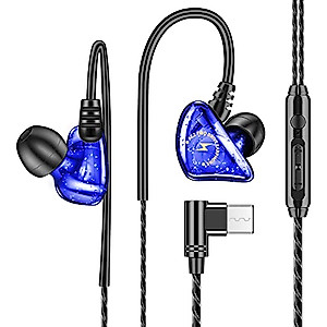 HoneyAKE USB Type C Headphone Earbuds Earphones with Microphone (Mic) in-Ear Wired Volume Control for Samsung Galaxy S8 Google Pixel 2 XL OnePlus 5 5T 3T, Over Ear Buds for Kids Women Small Ears Blue