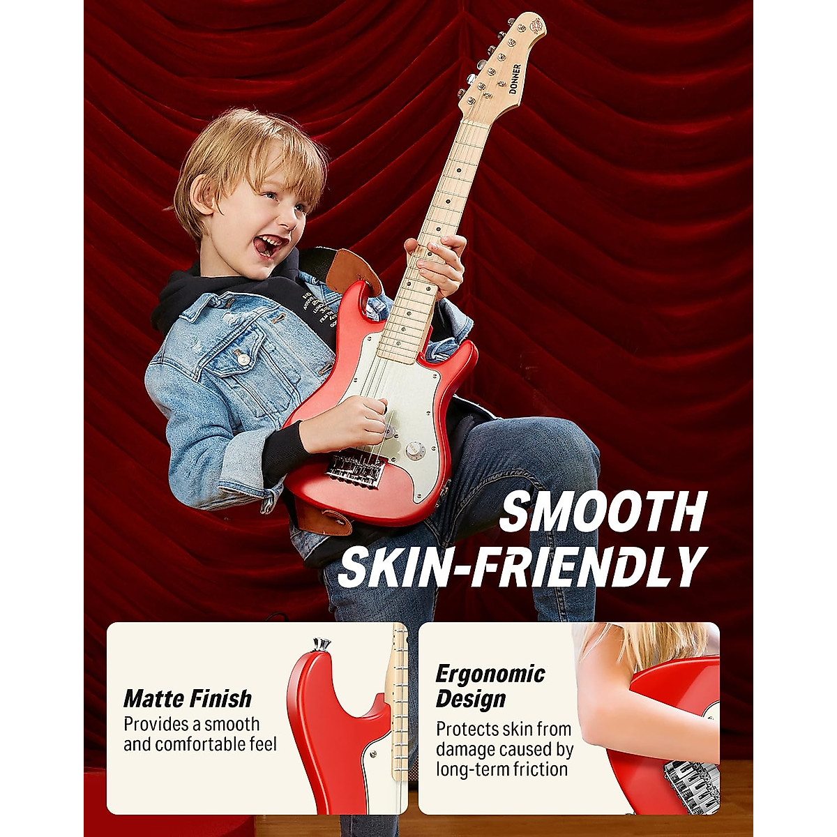 Donner 30 Inch Kids Electric Guitar Beginner Kits ST Style Mini Electric Guitar for Boys Girls with Amp, 600D Bag, Tuner, Picks, Cable, Strap, Extra Strings, DSJ-100, Red