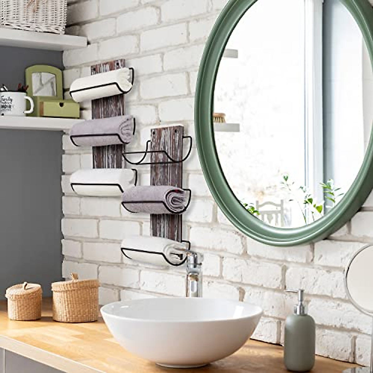 MyGift Wall Mounted 3 Tiered Matte Black Metal Wire Towel Holder for Rolled Towels with Torched Wood Mount Backing, Decorative Hand and Bath Towel Storage Rack, Set of 2