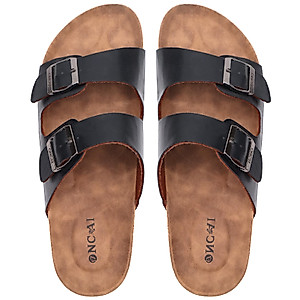 ONCAI Mens Sandals,Beach Arch Support Slides Cork Footbed Slippers with Adjustable Buckle Straps Black Size 11