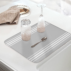 Grey White Stripes Dish Drying Mat for Kitchen Counter, Modern Abstract Country Geometric Line Art Absorbent Reversible Dish Drainer Rack Mats for Coffee Bar Mats 16''x18'' 1 PCS