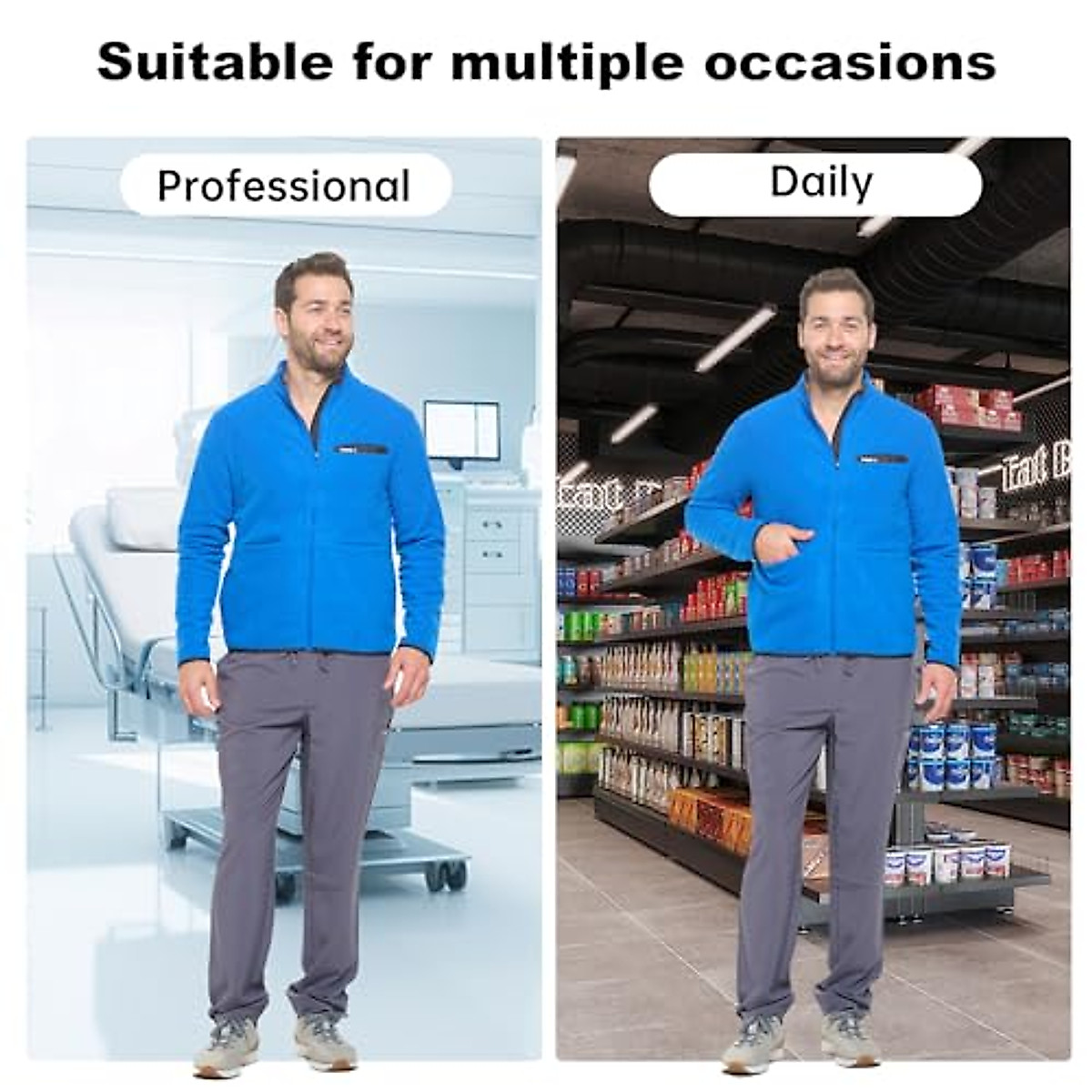 Dagacci Medical Uniform Unisex Warm Up Zip Front Fleece Scrub Jacket for Women and Men, Royal Blue, L