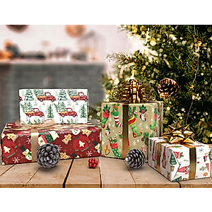 ZINTBIAL Christmas Wrapping Paper for Kids Boys Girls Baby Men Women - Wrapping Paper Christmas Bundle Include White Santa, Green Stockings, Red Truck and Woodland - 29 x 42 Inches per Sheet (4 Jumbo Sheets) - Recyclable, Easy to Store,Not Rolled