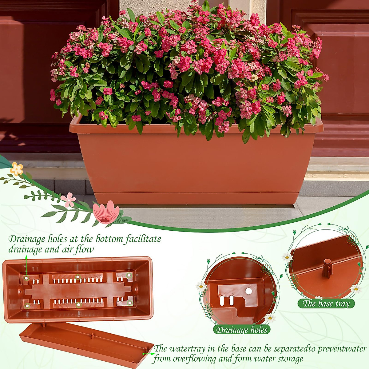 Lysjtsr 12Pcs 17Inches Rectangle Planter Box with Drainage Holes and Trays Plastic Planters Flower Boxes Pots for Indoor Outdoor Plants Patio Garden Home Decor Porch Yard (Gray)