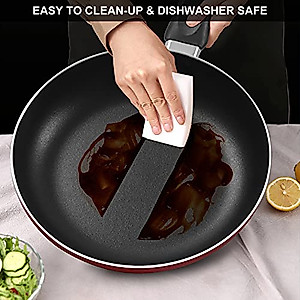 HUGOOD Nonstick Frying Pan Set - 3 Piece, PEEK Coating Non-stick Frying Pan Cookware, Skillet Set for Induction Cooktop, Gas, Electric,8 Inch, 9.5 Inch and 11 Inch, Dishwasher-Safe, Red & Black