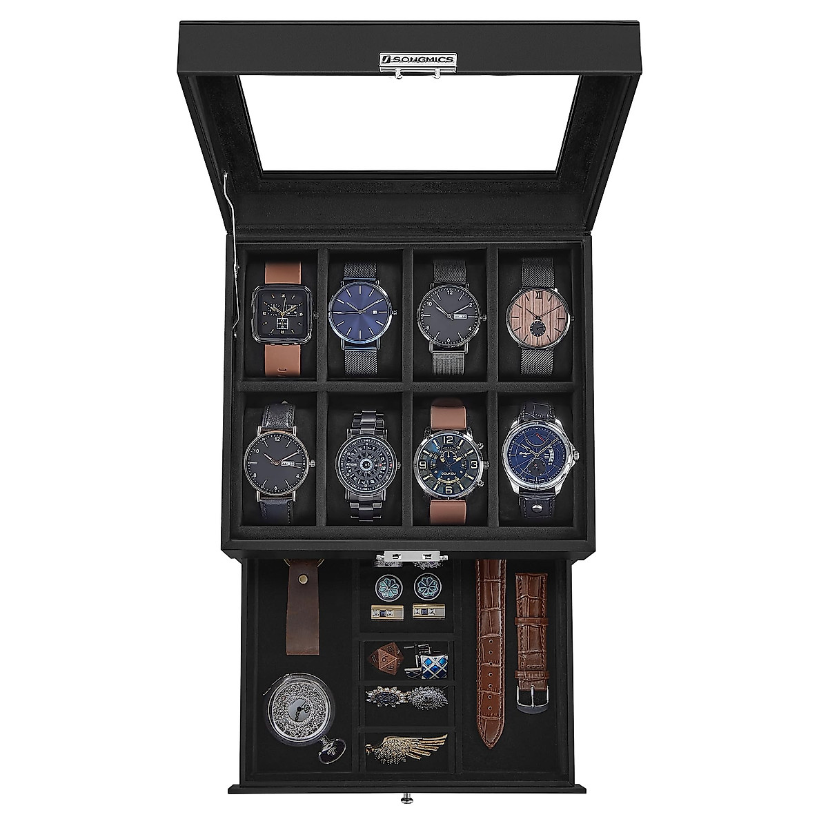 SONGMICS 8-Slot Watch Box, Lockable Watch Case with Glass Lid, 2 Layers, with 1 Drawer for Rings, Bracelets, Gift Idea, Black Synthetic Leather, Black Lining UJWB080B01