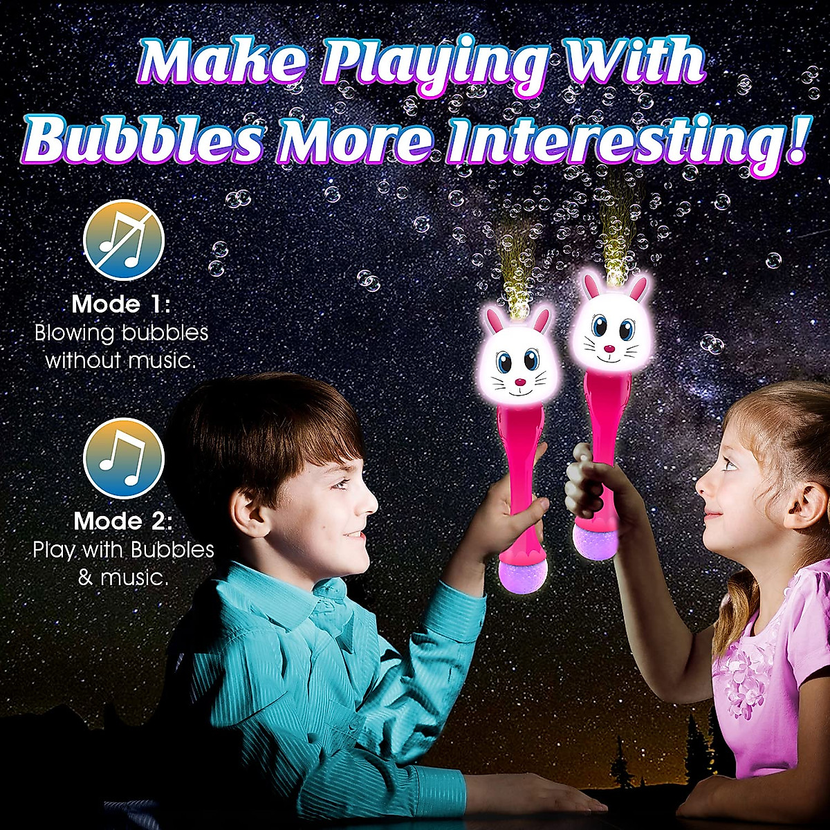 Light Up Bunny Easter Bubble Wand, 14 Inch Illuminating Blower with Thrilling LED & Sound Effect, Bubbles for Kids Ages 3 4 5 6 Bubble Toys, Easter Basket Stuffers for Toddler