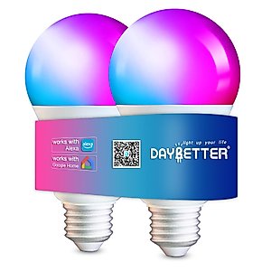 DAYBETTER 2 Pack Smart Light Bulbs, Smart Bulbs That Compatible with Alexa & Google Assistant, RGBCW Led Color Changing Light Bulbs, Dimmable A19 E26 Multicolor Led Light Bulbs, No Hub Required