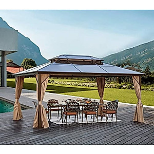 MELLCOM 12 x 16ft Polycarbonate Hardtop Gazebo, Double Roof Aluminum Gazebo, Outdoor Waterproof Gazebo with Netting and Curtains for Patios, Garden, Deck, Lawns