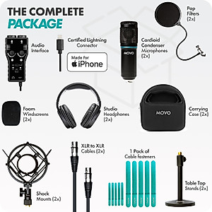 Movo Smartphone Podcast Microphone Bundle for iPhone, iPad - 2X Condenser Microphone, 2X Desktop Mic Stand, 2X Studio Headphones, Dual Channel XLR Interface - Studio Microphone for Streaming Kit