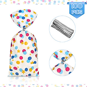 100 Pcs Cellophane Treat Bags, Polka Dots Goodie Bags Star Party Favor Bags Treat Candy Bags with 100 Twist Ties Rainbow Stars Theme for Birthday Baby Shower Pride Day School Supplies (Dot Style)