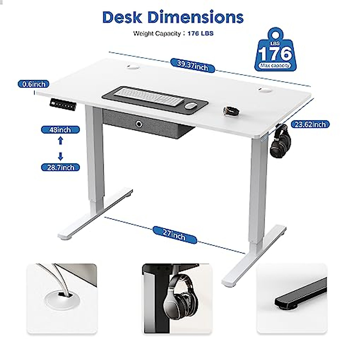 DUMOS Adjustable Height Electric Standing Desk with Drawer,40 x 24 in Ergonomic Computer Table with Splicing Board, Wire Hole and Hook for Workstation for Home, Office, White