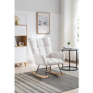 Lepfun, Soft Teddy Velvet Fabric Rocking Chair for Nursery, Comfy Wingback Glider Rocker with Safe Solid Wood Base for Living Room Bedroom and Balcony,Easy to Assemble,White