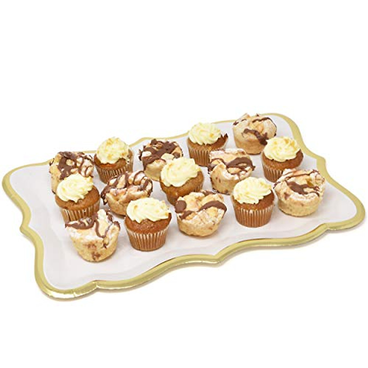 10 White Rectangle Trays with Gold Rim Border for Elegant Dessert Table Serving Parties 9" X 13" Heavy Duty Disposable Paper Cardboard for Platters, Cupcake Display, Birthday Party, Weddings Food Safe