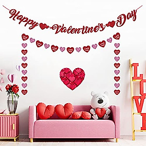 MAGICMAI Valentines Day Decoration - Happy Decor Heart Banner | Valentine Party Decorations Garland for Anniversary Wedding Supplies (Red Glitter)